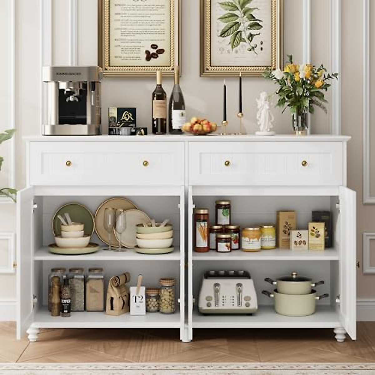 FINETONES Buffet Cabinet with Storage, 55.1” Large Sideboard Buffet Cabinet, White Kitchen Cabinet Display Cabinet with 2 Drawers and 4 Doors, Wood Coffee Bar Cabinet for Kitchen Dining Room
