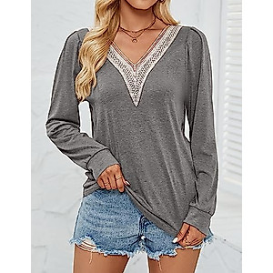 ZESICA Women's 2023 Casual Long Sleeve T Shirts Lace V Neck Trendy Basic Tops Summer Fall Tee Blouse,Grey,Large