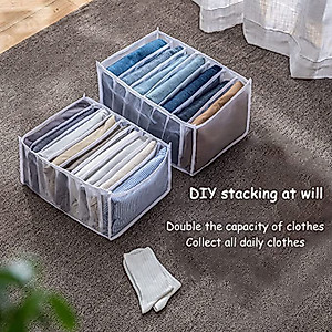 MSJJ 2PCS Wardrobe Clothes Organizer, 7 Grid Jeans + T-Shirt Compartment Storage Box, Foldable Portable Cupboard Drawers Organiser for T-Shirt, Jeans (White)