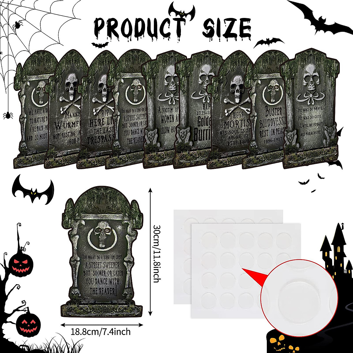Clabby 9 Pieces Halloween Tombstone Cutouts Halloween Graveyard Tombstone Cutouts Headstone Cutouts with Skeleton and Cross Halloween Party Wall Decorations Halloween Party Haunted Home Supplies