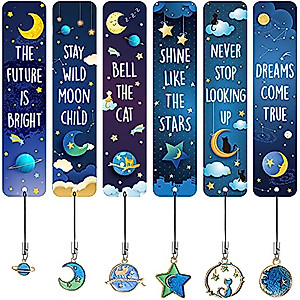12 Pcs Bookmarks for Children Cat Moon Star Celestial Theme Space Bookmarks with Metal Charms Inspirational Quotes Bookmarker Gift for Kids Boys Girls School Reading (Novelty Style)
