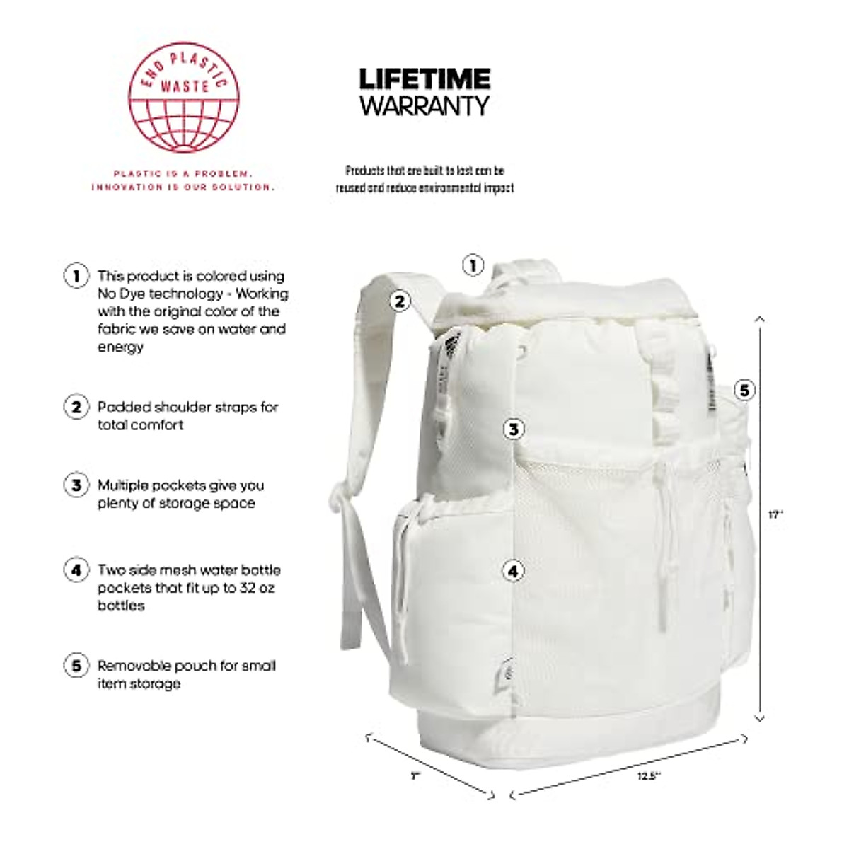 adidas Utility Premium Backpack, Non Dyed White, One Size