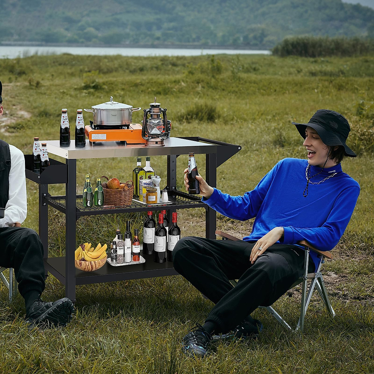 Polar Aurora Three-Shelf Movable Outdoor Grill Cart Pizza Oven Stand, Multifunctional Kitchen Food Prep Table with Drawer, Stainless Steel Desktop Dining Worktable on 4 Wheels & Seasoning Tray