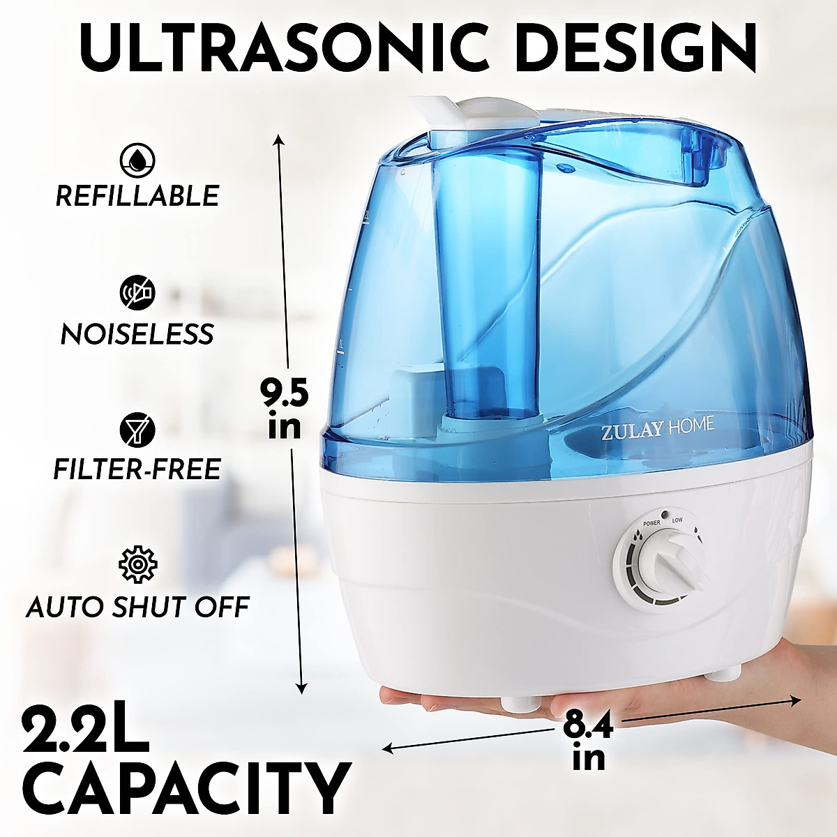 Zulay Cool Mist Humidifiers (2.2L Water Tank) - Quiet Ultrasonic Humidifiers For Bedroom with Auto-Shutoff Feature - Air Humidifier For Plants, Babies Nursery and Kids Room (Blue)