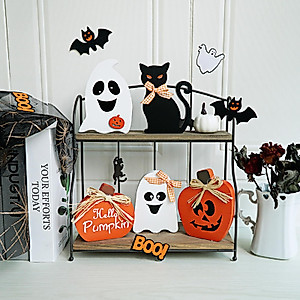 Halloween Wood Signs Decorations Halloween Wooden Signs Pumpkin Ghost Black Cat Freestanding Table Signs, Halloween Tiered Tray Decor for Rustic Farmhouse Home Mantle