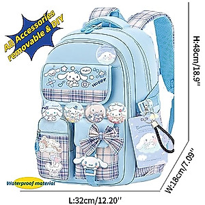 Kawaii Backpack with 18Pcs Accessories Anime Cartoon Anti-Theft Travel Aesthetic New Semester Gifts Bag with Cute Pins (Blue)