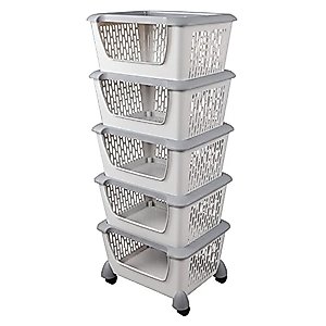 Innouse 5 Tier Large Plastic Storage Stacking Basket/Bin on Wheels, Grey