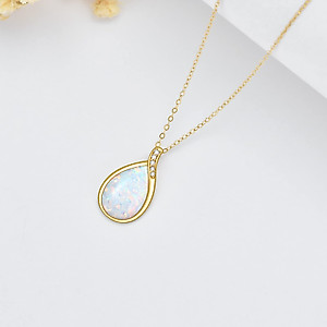 YDD 14k Solid Gold White Opal Necklace for Women Dainty Pear-Shape Teardrop Pendant Opal with Genuine Diamond Necklace Opal Gemstone October Birthstone Opal Jewelry Gifts for Her 16"-18"