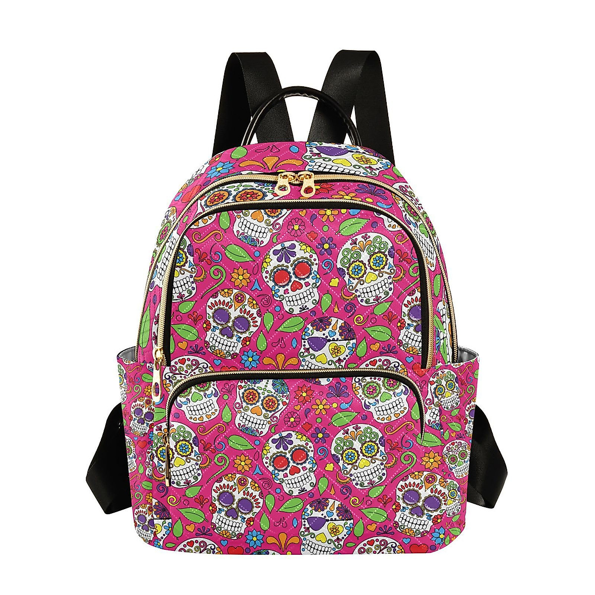 Yasala Halloween Women Backpack Sugar Skull Green Leaves Travel Bag Compact Daily Bag Diaper Bag
