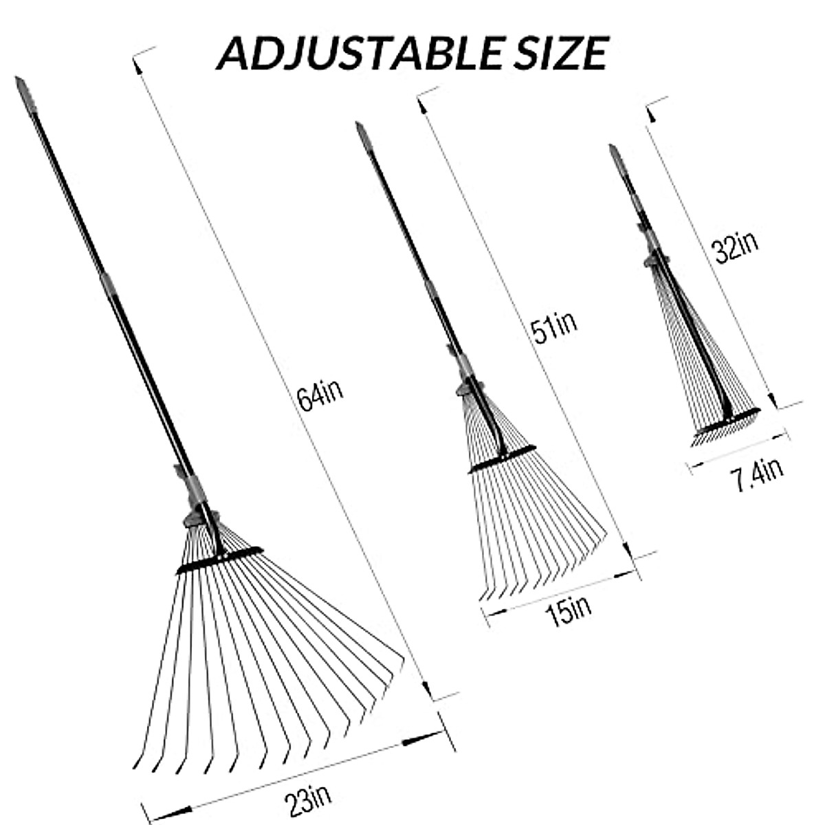 Walensee Garden Leaf Rake 64 Inch Adjustable Folding Leaves Rake Tools Metal Rake with Expandable Head from 7-22 Inch Expanding 15 Tines Shrub Rake to Collect Leaf & Poop Among Lawn and Yards 1 Pack