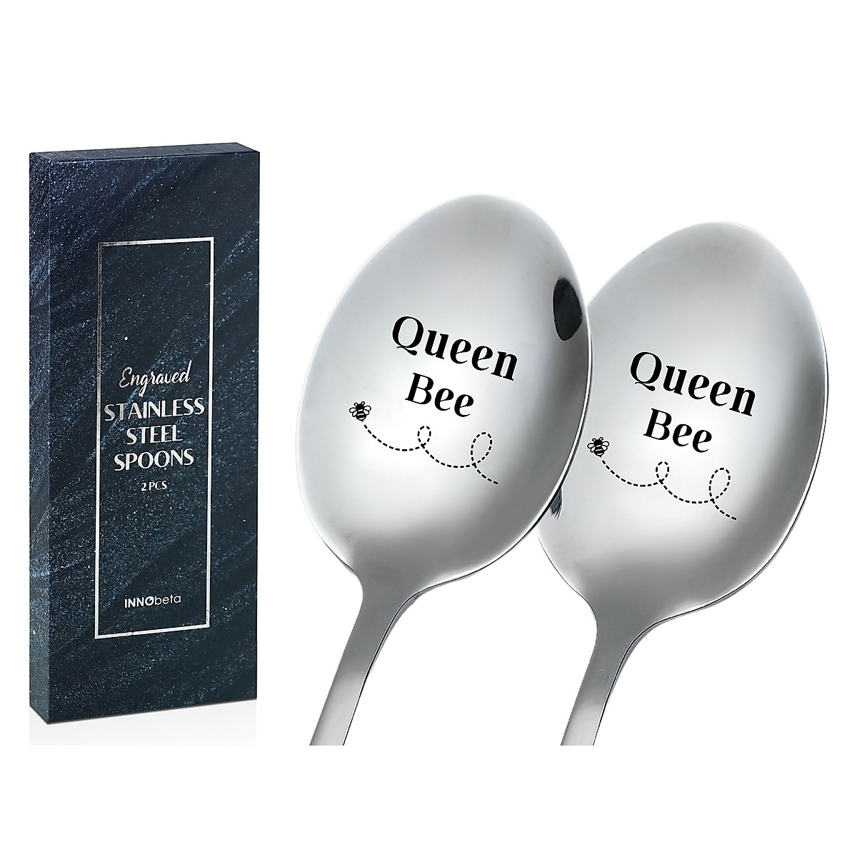 INNObeta Bee Gifts for Women, Engraved Ice Cream Spoons, 2 Pcs Stainless Steel Coffee Spoon, Queen Bee