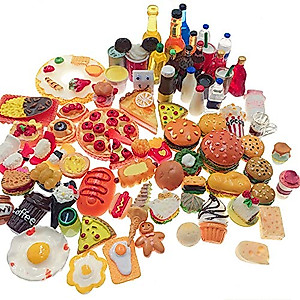 SIX VANKA Miniature Food Drinks Toys 110pcs Mixed Resin Pizza Hamburgers French Fries Wine Decoration Tableware Doll house for Adults Childrens Pretend Play Kitchen Cooking Game Birthday Party Present