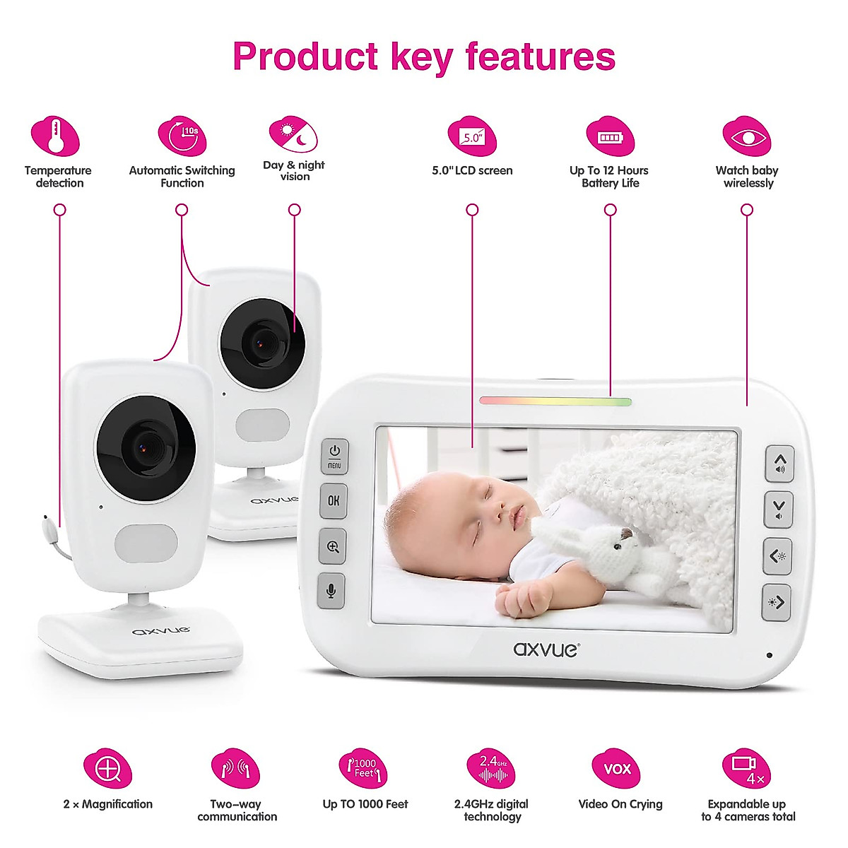 AXVUE Video Baby Monitor, Comfortable Slim Design Handheld Enclosure, 5.0" Screen Monitor & 2 Camera, Range up to 1000ft, 8 Hour Battery Life, 2-Way Talk, Night Vision, Temperature Monitor, No WiFi.