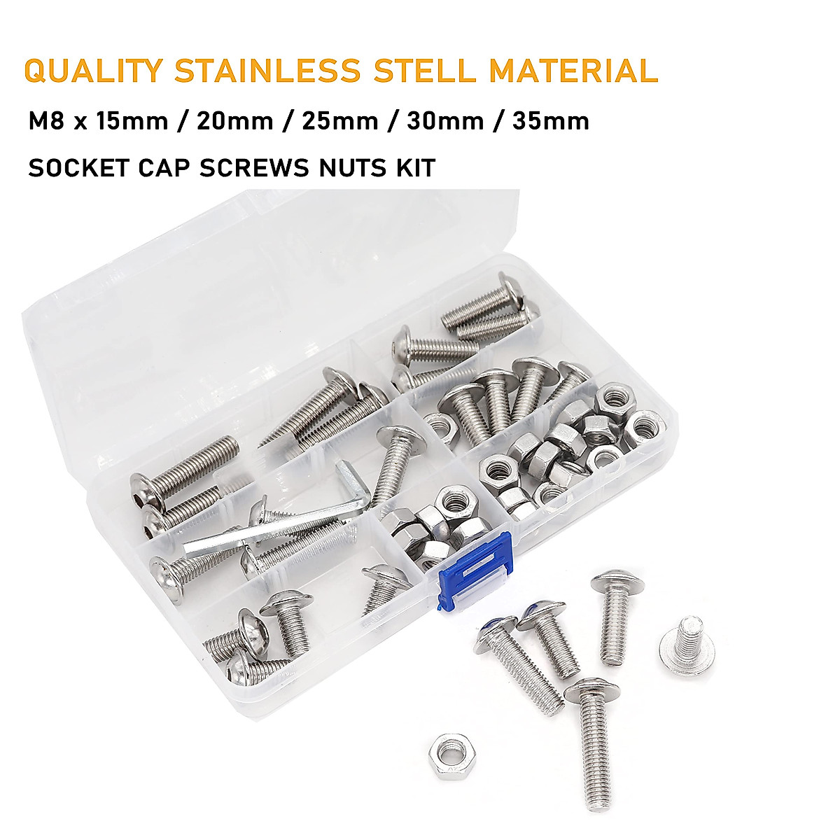 binifiMux 50pcs M8-1.25 x 15mm/ 20mm/ 25mm/ 30mm/ 35mm Flanged Hex Button Head Socket Cap Screws, 304 Stainless Steel / 18-8, Plain Finish, Full Thread