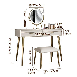 HIMAmonkey Vanity Desk Set with 360° Rotating Mirror and Lights, Small Makeup Vanity with Microfiber Leather, Vanity Table with 2 Drawers, Stool, 3 Lighting Modes - 31.5in Beige