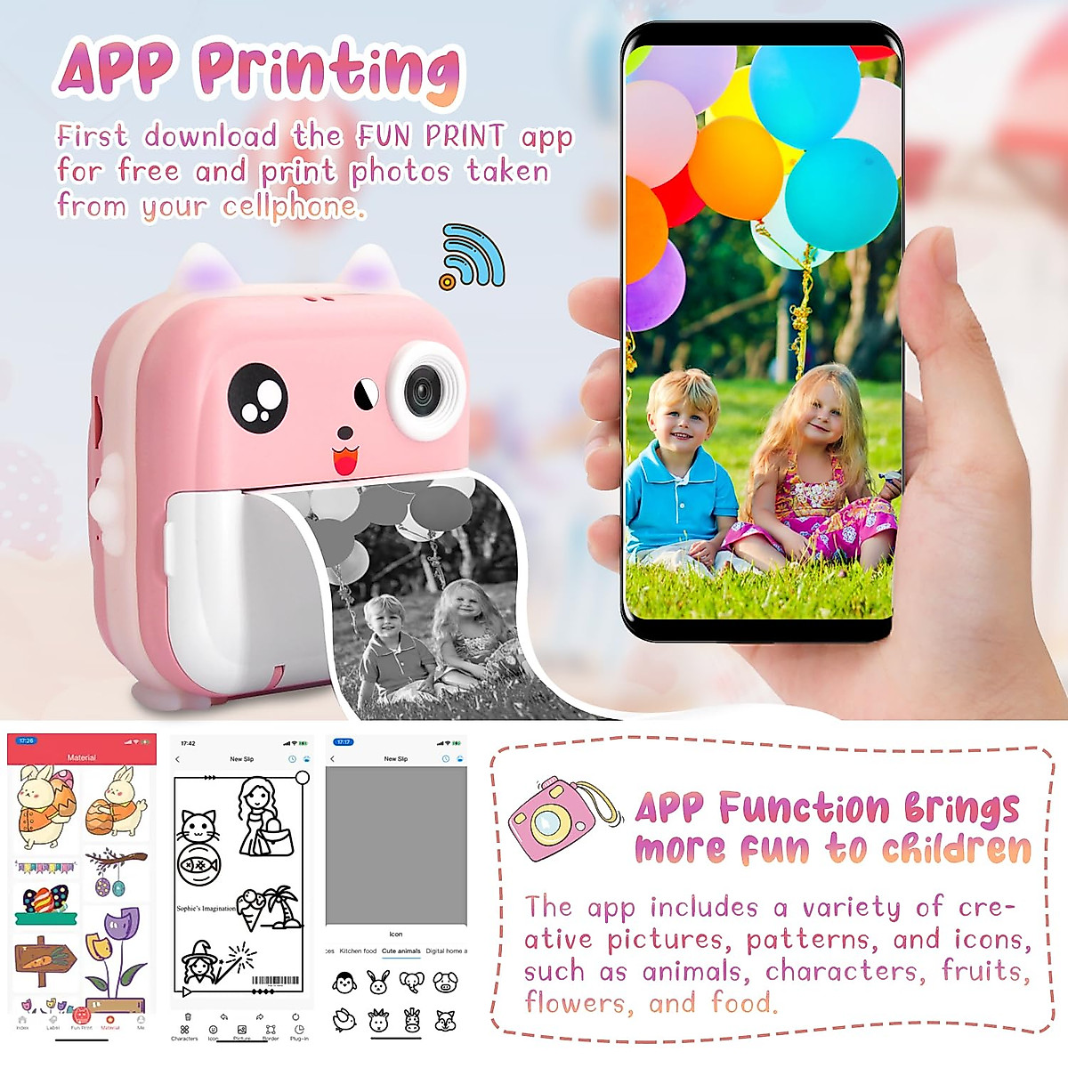 Kids Camera Instant Print Toddler Digital Camera with 1080P HD Video Camera, 2.4"IPS Screen Printing Instant Camera Birthday Gifts for Girls Boys 3-12, 48MP Camera with Phone Connected 32GB Card, Pink