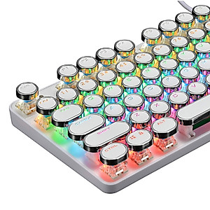 YSCP Typewriter Style Mechanical Gaming Keyboard LED Backlit Wired with Blue Switch Retro Round Keycap 104 Keys Keyboard (White 104 Keys LED)