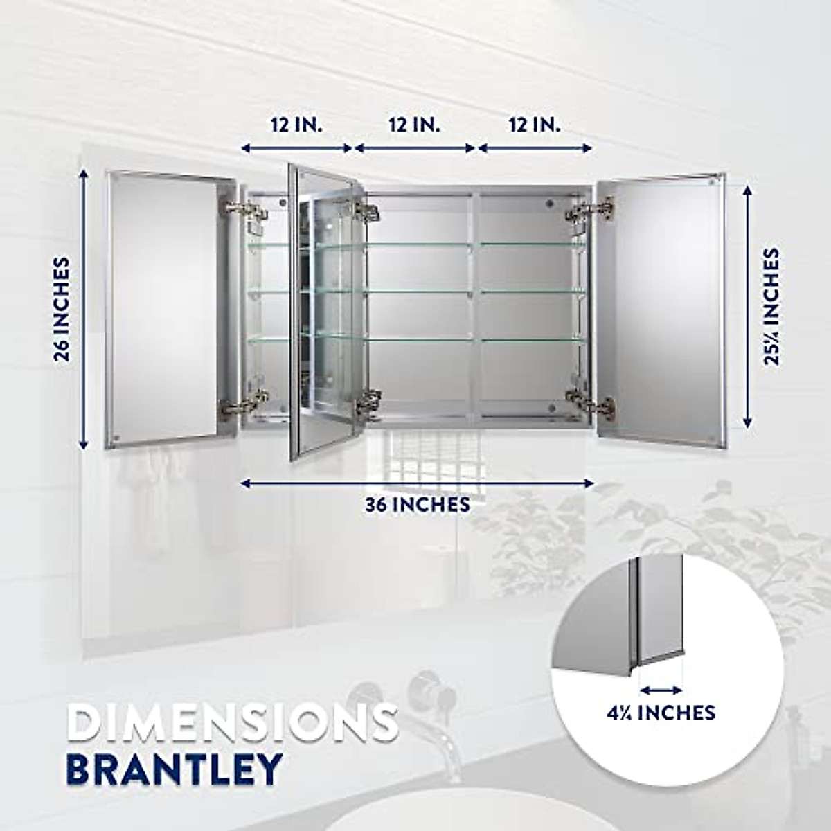 Croydex Brantley Tri-View Recessed or Surface Mount, Hang 'n' Lock Easy Installation Medicine Cabinet, 36W x 26H, Aluminum