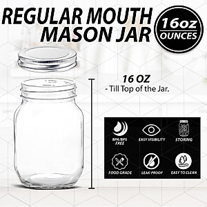 Glass Regular Mouth Mason Jars, 16 oz Clear Glass Jars with Silver Metal Lids for Sealing, Canning Jars for Food Storage, Overnight Oats, Dry Food, Snacks, Candies, DIY Projects (2 PACK)