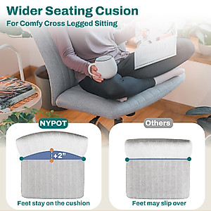 NYPOT Criss Cross Chair - Wide Armless Desk Chair No Wheels, Cross Legged Office Chair, Adjustable Modern 360 Swivel Vanity, Fabric Padded,120° Rocking Ergonomic Mid Back Computer Task Chair - Grey