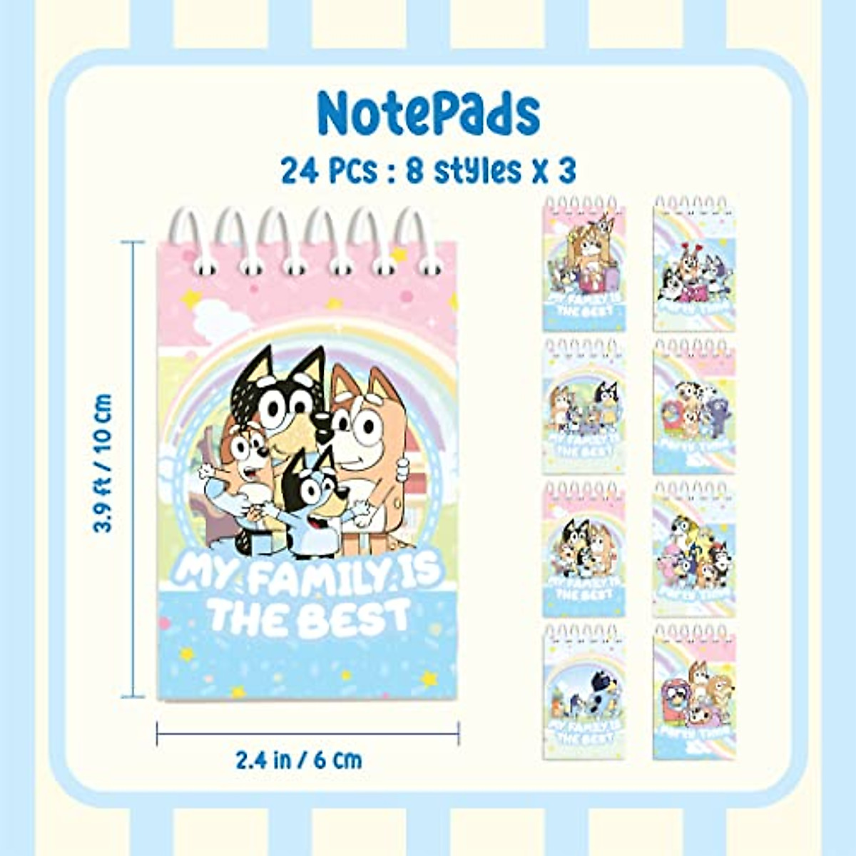 Bluey Birthday Party Supplies, 24Pcs Mini Notepads for Bluey Birthday Party Favors, Goodie Bag Stuffers, Children Classroom Rewards, 8 Types
