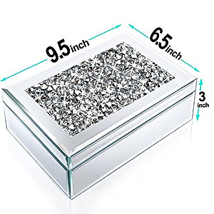 Meetart Large size Diamond Glass Mirrored Jewelry Box Simple Classic Storage Organizer High-end Luxury Mirror Box Silver （9.5x6.5x3inch）