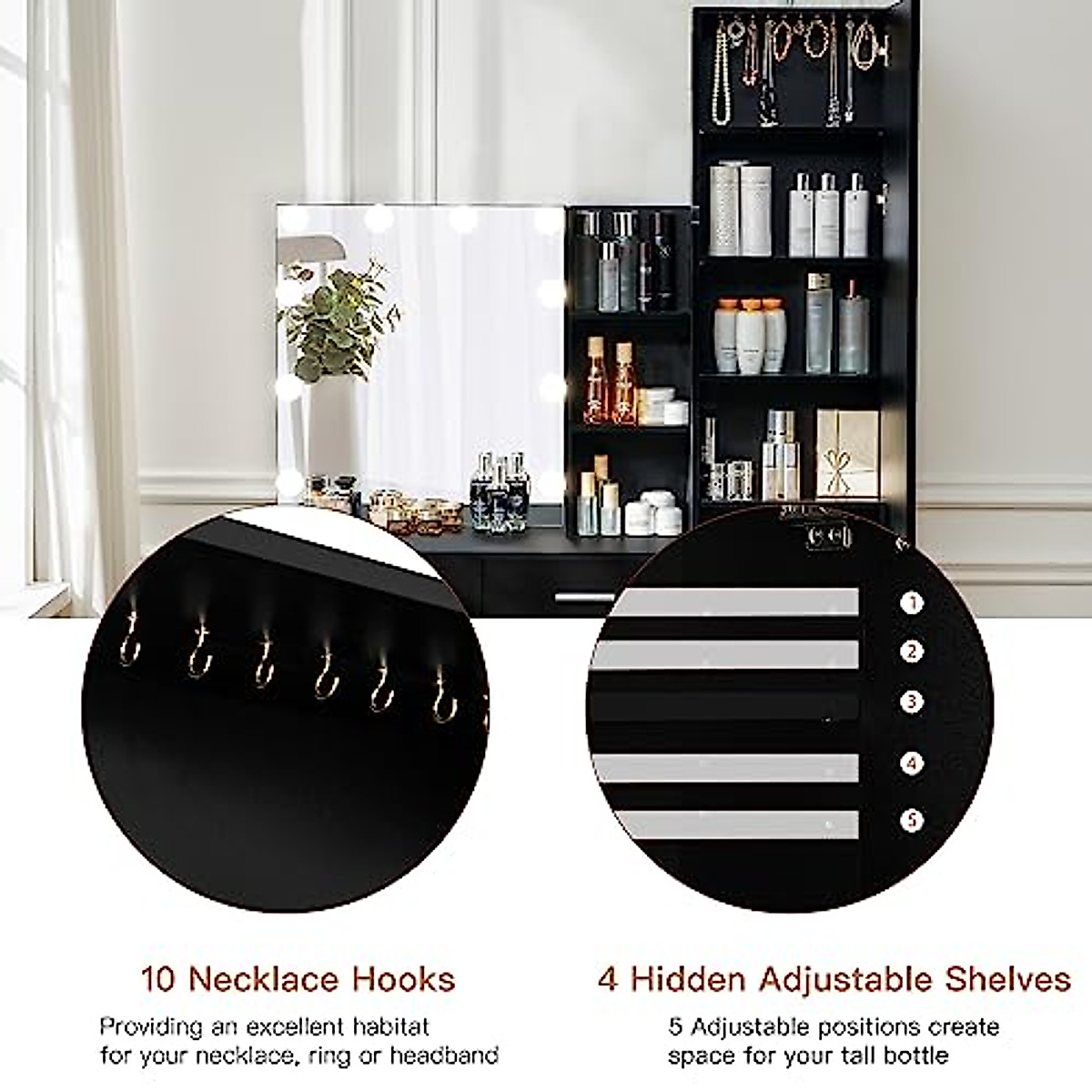 usikey 47.2" Large Vanity Desk with 10 Lights Bulbs & Full-Length Mirror, 70.9" High, Makeup Vanity with Lights and 5 Drawers, Vanity Table Set with Mirror Cabinet and 8 Storage Shelves, Black