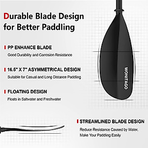 WONITAGO Kayak Paddles with Alloy Shaft and PP Blade, Floating Kayaking Oars, Adjustable 230-250 cm/90-98 Inches, Black
