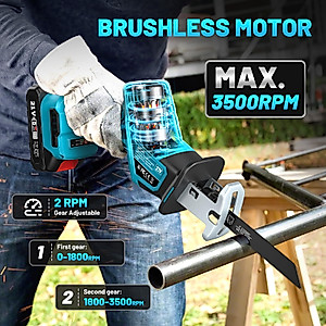 Reciprocating Saw Cordless, Sawzall Cordless with 2 x 2.0Ah Batteries, 3500RPM Brushless Power, LED Light, Tool-free Blade Change 8 Saw Blades Portable Reciprocating Saw for Wood PVC Cutting