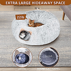 Cat Tunnel with Cat Bed for Indoor Cats, Soft Plush Peekaboo Cat Cave Donut Tunnel, Multifunctional Cat Playground Toys Hideplace for Small Medium Large Cats, Kittens, Rabbit, Ferret (Grey)