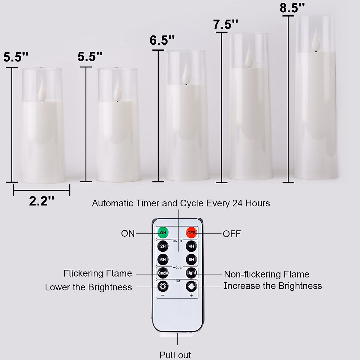 Amagic Pure White Flameless Candles, Battery Operated Candles, Flickering LED Pillar Candles with Remote Control and Timer, 3D Wick, Yellow and Blue Glow, Set of 5