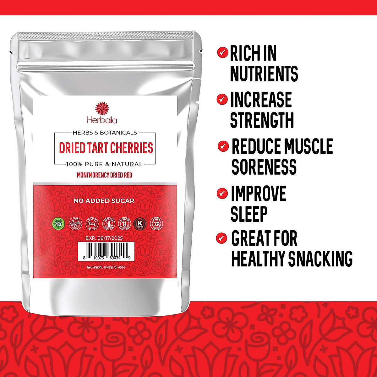 Dried Cherries Tart Cherry, 1lb. Montmorency Tart Cherries, Dried Sour Cherries Fresh, Montmorency Dried Tart Cherries, Dried Cherries, All-Natural Whole Sour Cherry 16 oz.
