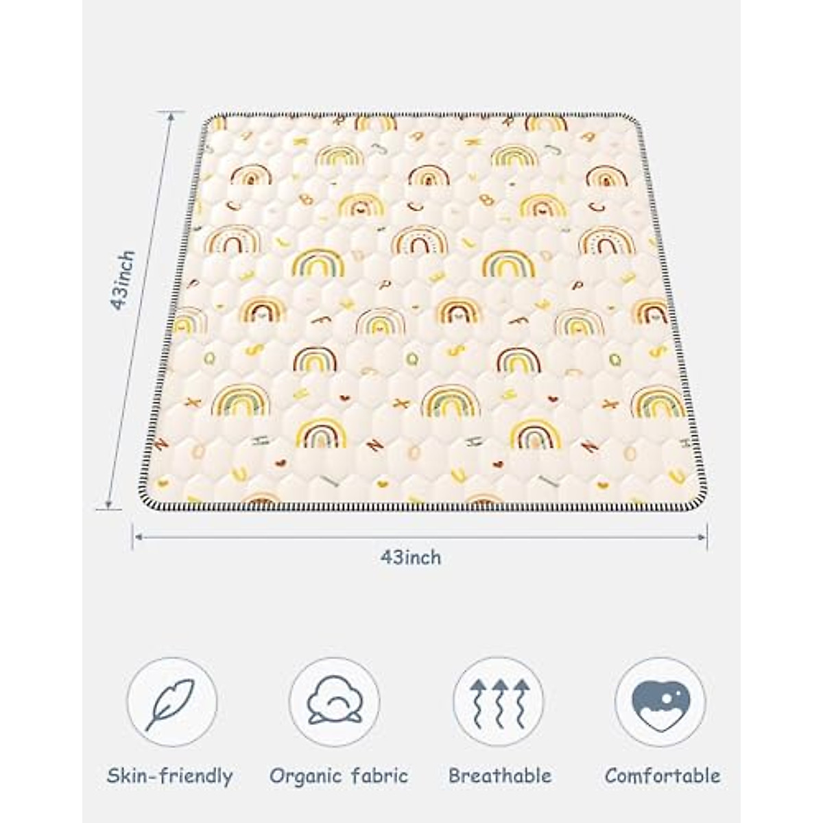 ieBabay Baby Play Mat 43 x 43 Playpen Mat One-Piece Washable Baby Crawling Mat Non Slip Cushioned Baby Playmat Boho Rainbow ABC Floor Mat for Babies Toddlers Infants (43X43,Beige)