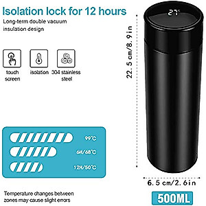 Intelligent Temperature Display Thermos Cup, 304 Stainless Steel Thermos Hot Coffee Cup, Travel Mug with LCD Touch Screen, Total Capacity 500ML (Black)