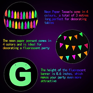 Outus Neon Party Supplies Includes Let's Glow Banner 20 Pieces Neon Paper Tassels and Neon Triangle Flag Glow in The Dark Party Supplies Bunting Party Hanging Decorations for Birthday Christmas Party
