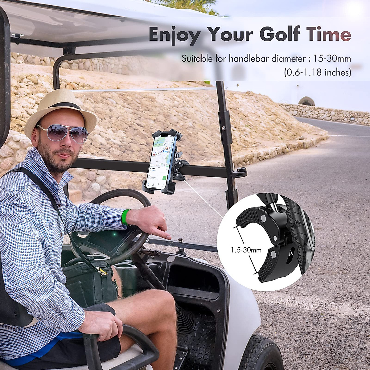 Universal Golf Cart Phone Holder, Adjustable Bike Phone Mount Bike Phone Holder for Handlebars Compatible with iPhone14,13,12,11, Pro Max ,Samsung Galaxy S21, S10, S9,and All 4.7-6.8” Cellphone