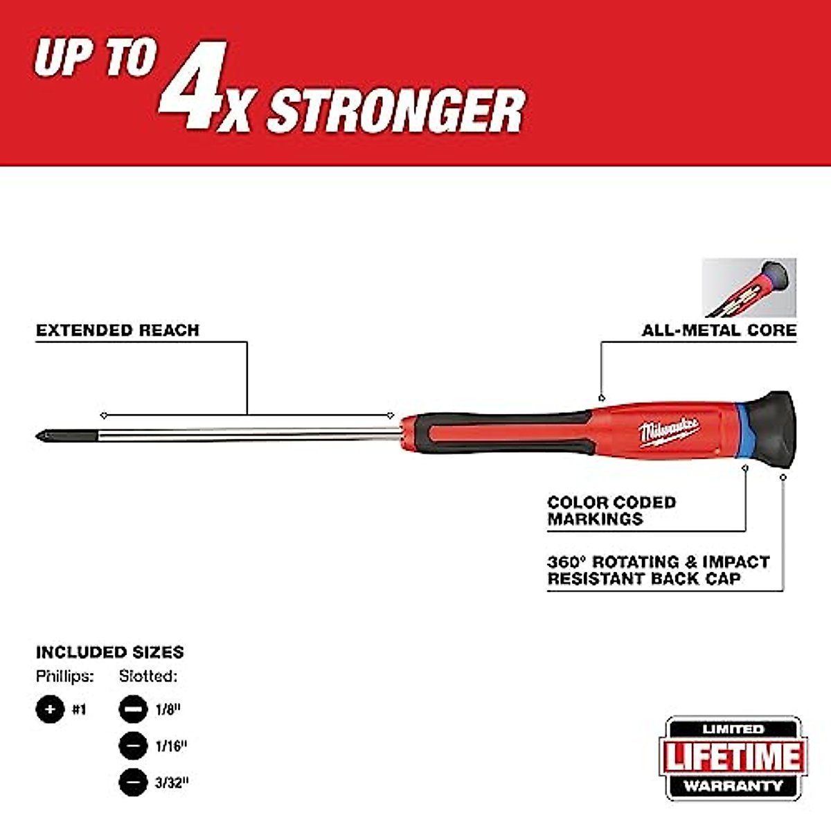 Milwaukee 48-22-2604 4-Piece Precision Screwdriver Set with 360 Degree Rotating Back Caps and Color Coded Identification Markings