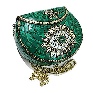 stone mosaic metal bag antique ethnic bridal clutch Indian purse party clutch women bag (Turquoise)
