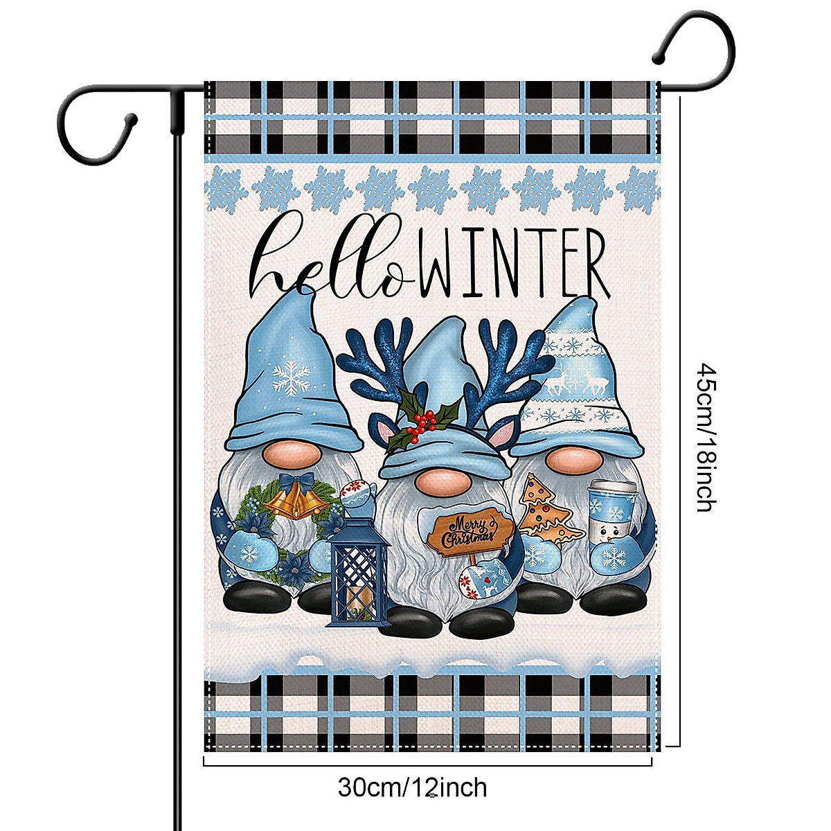 Gnome Garden Flag - Hello Winter Snowflake Garden Flags 12x18 Double Sided Christmas Yard Flag Buffalo Plaid Burlap Farmhouse Welcome Decorative Flags for Outside Outdoor Lawn Xmas Decoration