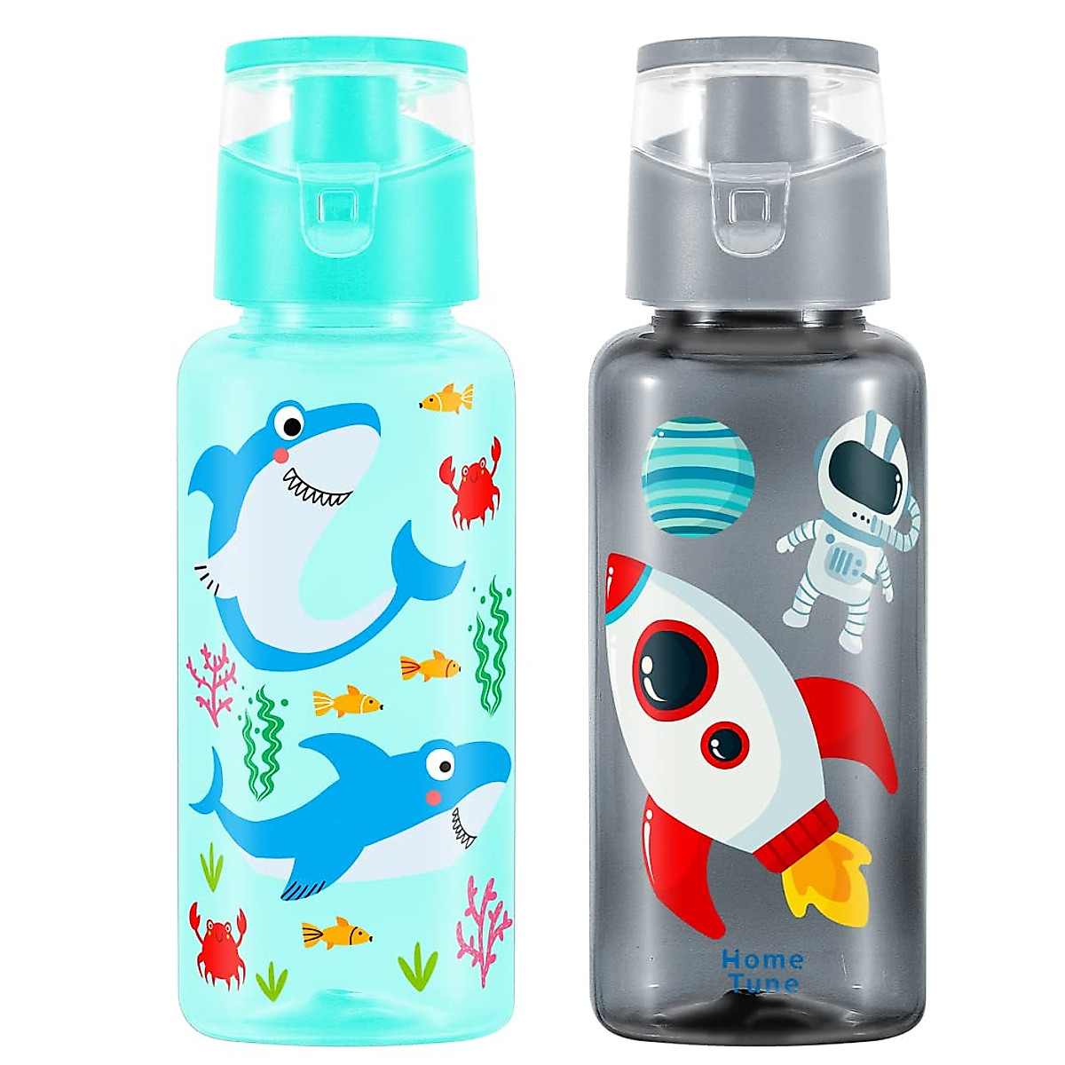 13oz Kids Water Drinking Bottle - BPA Free, Wide Mouth, Chug Lid, Easy Open, Lightweight, Leak-Proof Water Bottle with Cute Design for Girls & Boys - 2 Pack(Shark/Space)