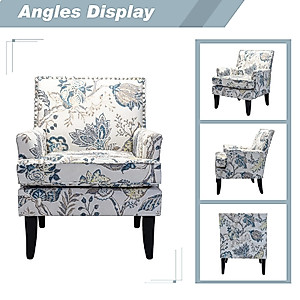 HULALA HOME Modern Accent Chair with Arms and Wooden Legs, Mid Century Accent Chair Armchair High Back Rest, Padded Armrest and Comfortable Cushioned Seat for Living Room (Blue Yellow Floral)