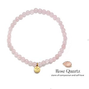 Satya Jewelry 4mm Rose Quartz and 18K Yellow Gold Plated Mini Lotus Stretch Women's Bracelet, 7"