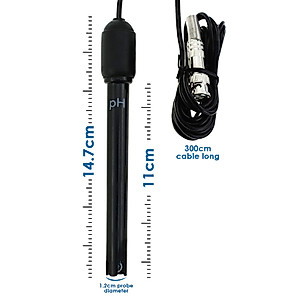 0-14 pH Electrode Probe, pH Meter with Replacement BNC Connector and 300cm Cable Sensor for ph Monitor Controller Tester Meter Kit Set for Aquarium Hydroponics Plant Pool Spa
