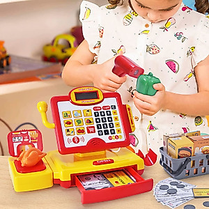 FS Pretend Play Cash Register Toy with True Barcode Scanner & Calculator, Microphone, Play Food, Supermarket Cashier, Great Pre-School Gift Cash Register for Kids Boys & Girls, Ages 3 4 5 6 8