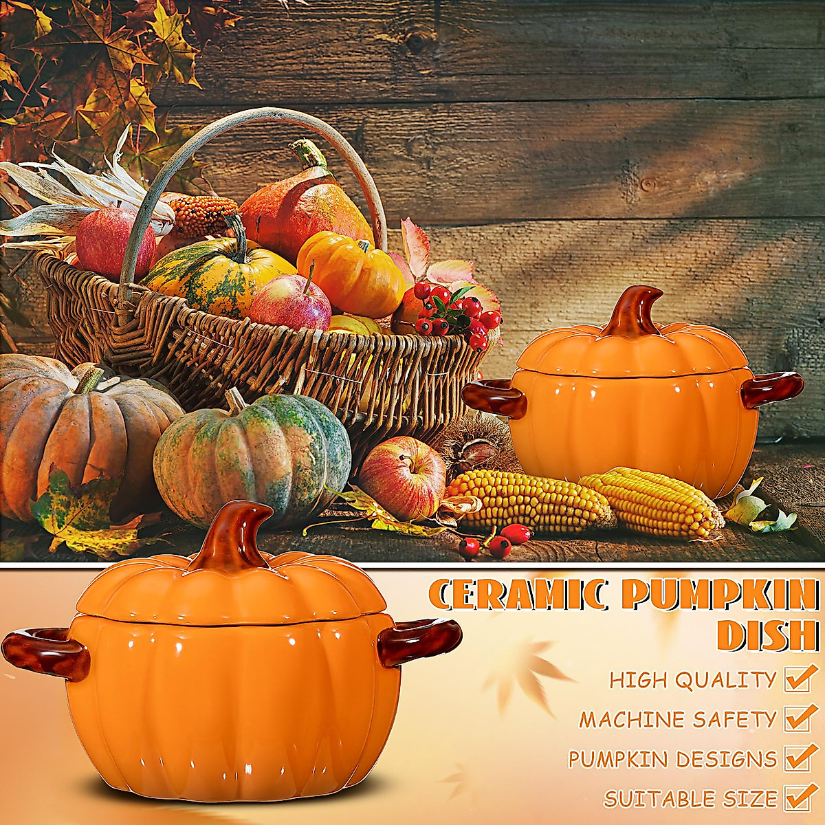 Uiifan 54 oz Ceramic Pumpkin Pot Pumpkin Soup Bowl Baking Pumpkin Bowls Pumpkin Casserole Dish with Lid Double Ear Pumpkin Cookware for Cooking Bakeware Home Halloween Thanksgiving, Oven Safe Orange