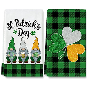 AnyDesign St. Patrick's Day Kitchen Towel 18 x 28 Inch Irish Color Gnome Shamrock Dish Towel 18 x 28 Inch Green Black Buffalo Plaids Hand Drying Tea Towel for Cooking Baking Cleaning Wipes, 2 Pack
