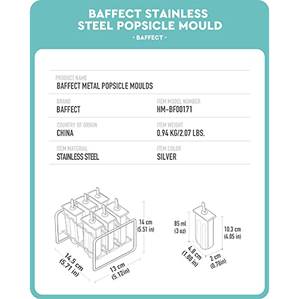 Baffect Metal Popsicle Moulds, Set of 6 Round Head Stainless Steel Ice Lolly Molds with Holder, Fast Freezing Ice Cream Makers with Lollipop Sticks and Bags