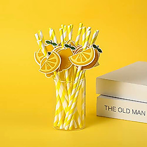 Lemon Biodegradable Paper Straws，Lemon Birthday Party Striped Decorative Straws - Set of 20.