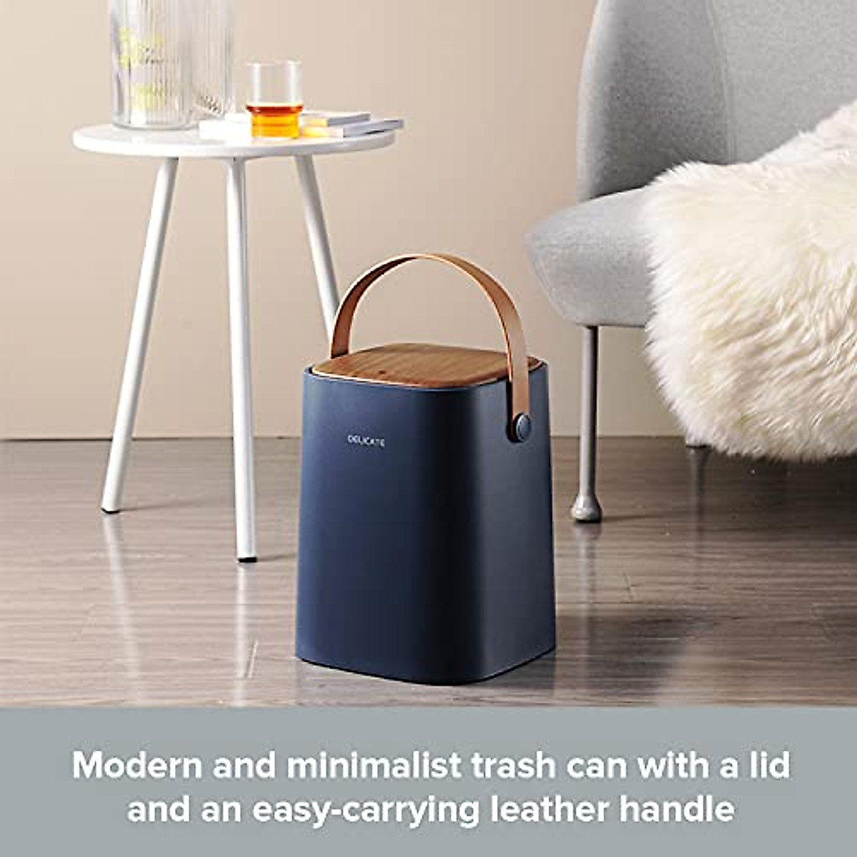 Nordic Style Garbage Can - Double Barrel Trash Can - Plastic Trash Can w/ One Press Lid - 10L/2.6Gal Waste Basket w/ Leather Handle - Modern Recycling Bins for Kitchen - Bathroom Trash Can in Navy
