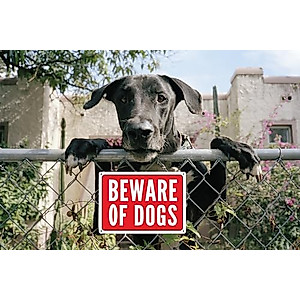 Beware of Dog Sign, Metal Warning the Dogs Signs for Fence Gate, 2 Pack 10 x 7 inches, for Indoor and Outdoor Use, No Fade Aluminum Weatherproof Long Lasting Red Ink (10 x 7, RED)